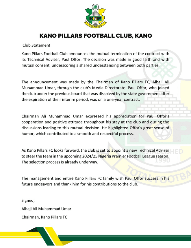 Kano Pillars FC Announces Mutual Termination Of Technical Adviser Paul ...